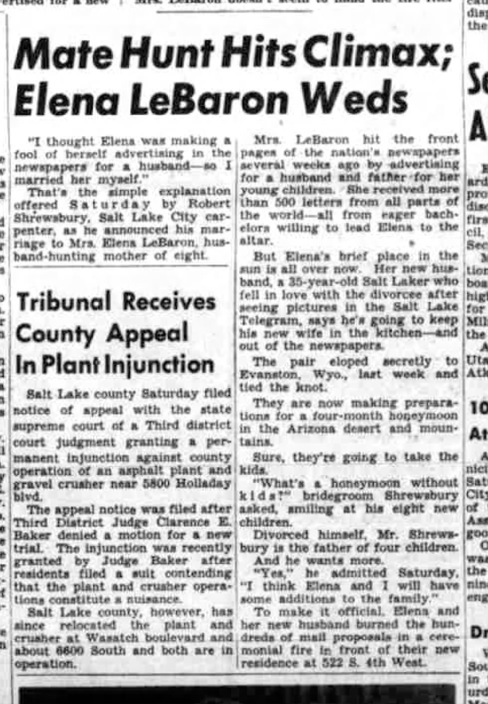 Thelma Cox LeBaron in the News, 1949 – Ross LeBaron, the Holy Order and ...